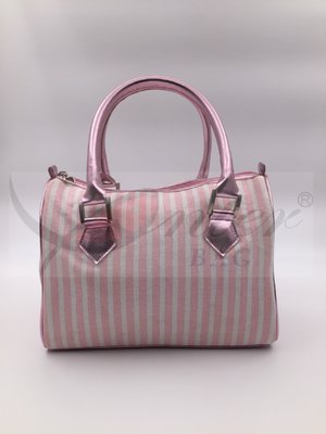 Round Type Design Travel Tote Bags For Women Pink Stripe Two Stylish PU Handle